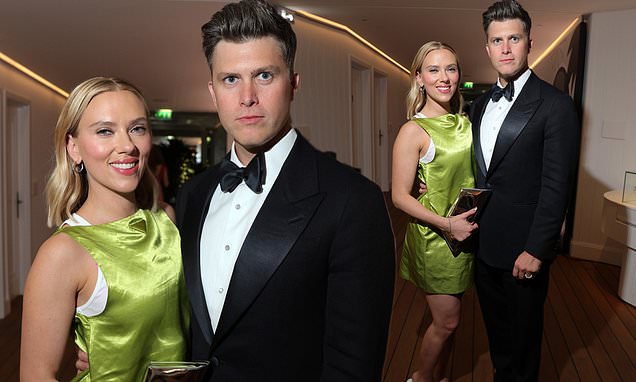 Scarlett Johansson exudes chic in lime green dress with husband Colin ...